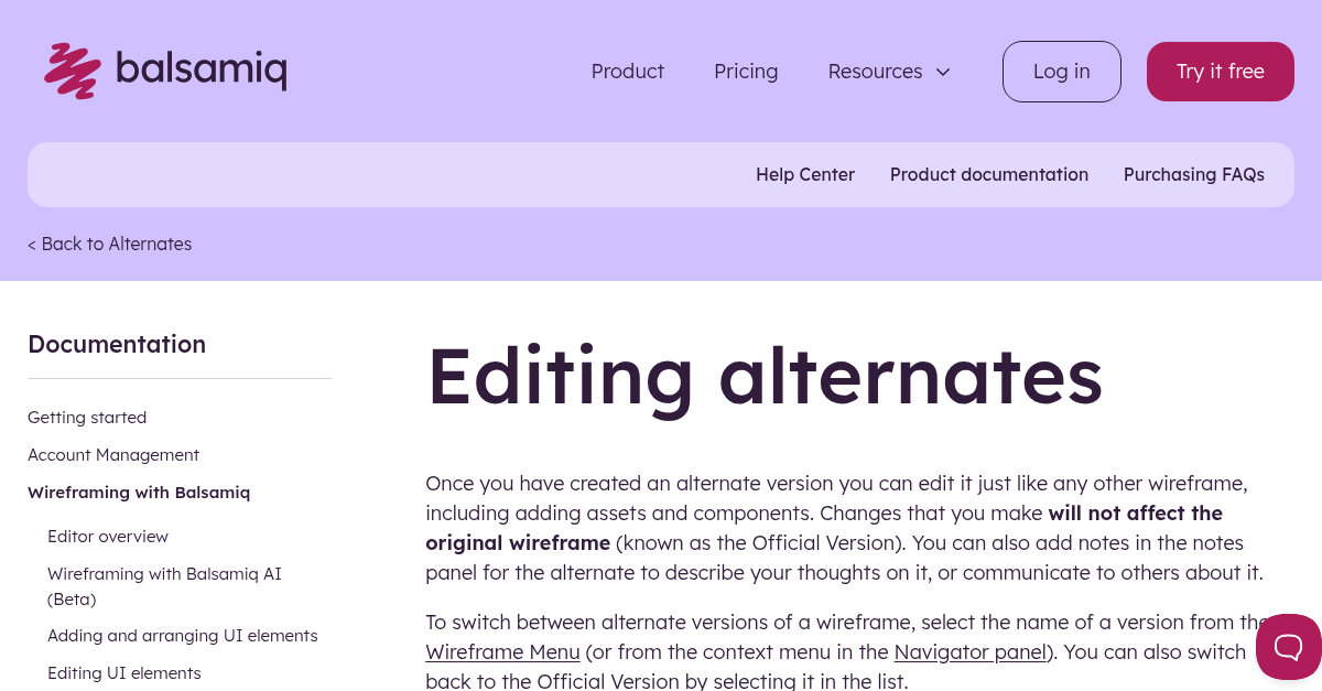 How to edit wireframe alternates in Balsamiq - Balsamiq documentation